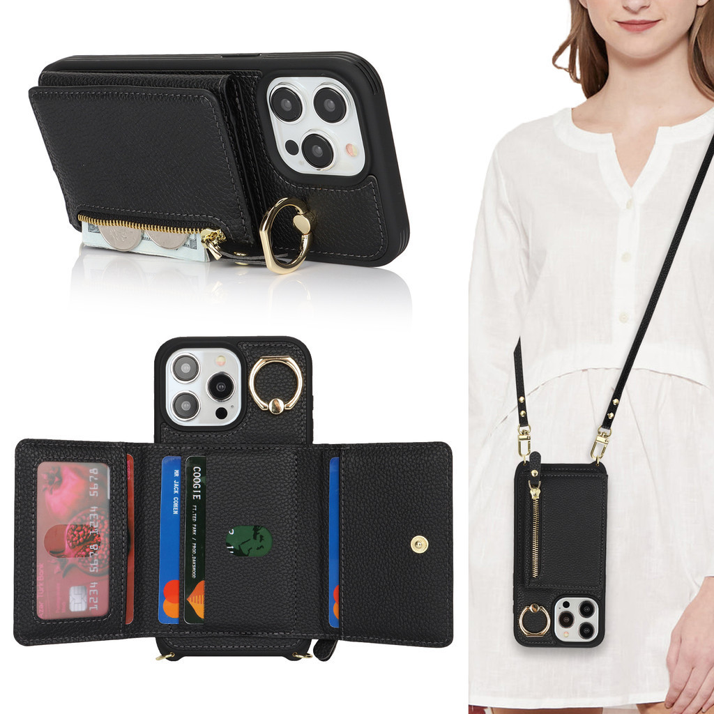 เคสโทรศัพท์ เคส การ์ดสําหรับiphone 15 Pro Maxพร้อมสายคล้องซองหนังพร้อมผู้ถือบัตรเคสโทรศัพท์ ...