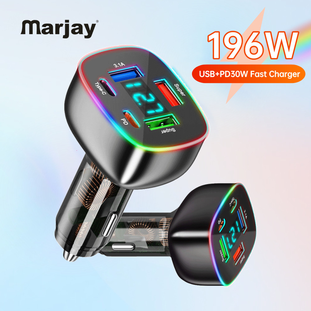 Marjay 100W 66W PD30W 5 พอร์ตจอแสดงผลดิจิตอลโปร่งใสของไฟสีที่ชาร์จในรถยนต์ QC3.0 | Shopee Thailand