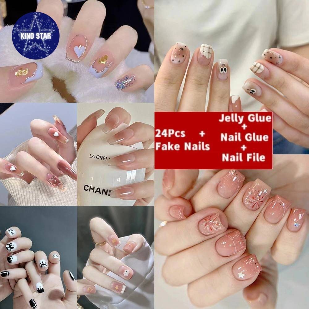 【COD】ชุดเล็บปลอม 24 ชิ้นพร้อมของขวัญฟรีดีไซน์ DIY French Finger Nail ...