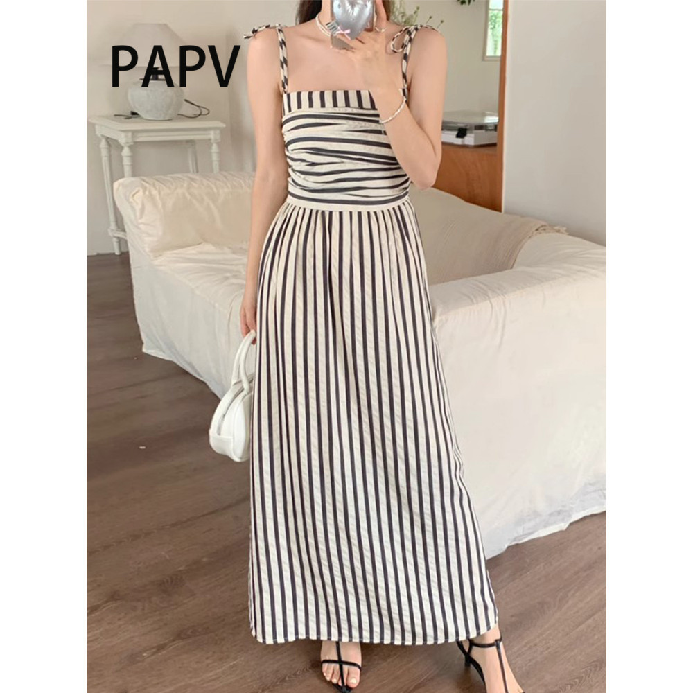 Papv ชุดเดรสเกาะอก คอสี่เหลี่ยม จับจีบ ลายทาง สีตัดกัน 2455 | Shopee ...