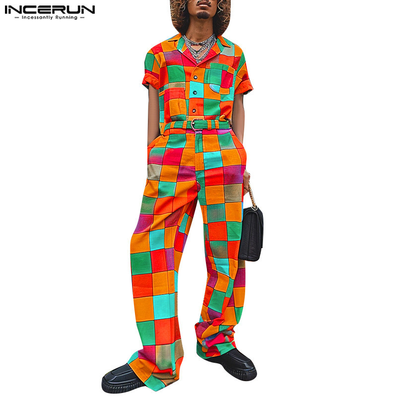 Incerun Men Vintage Casual Color Block พิมพ ์ จั ๊ มสูทแขนสั ้ น ...