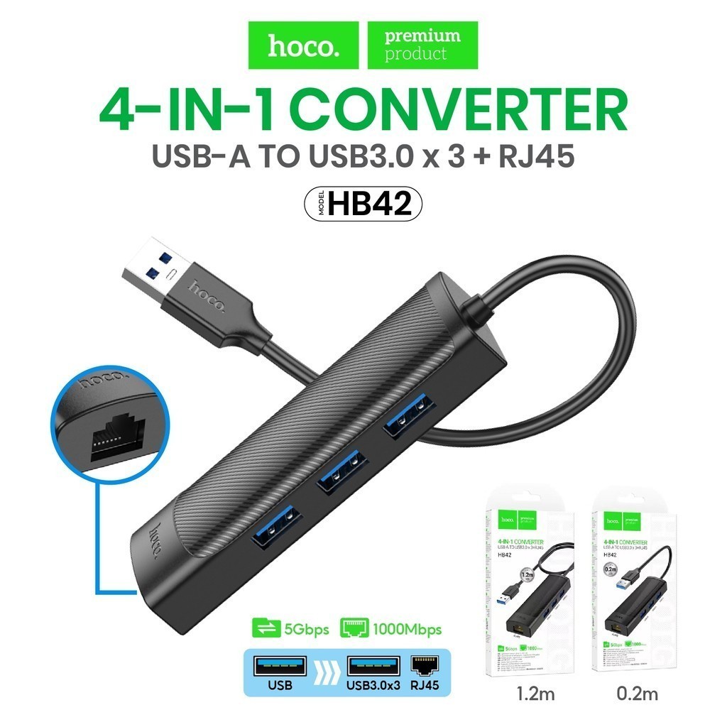 Hoco HB42 ตัวเพิ่มช่อง ตัวแปลง 4in1 USB3.0 Gigabit Ethernet adapter ...