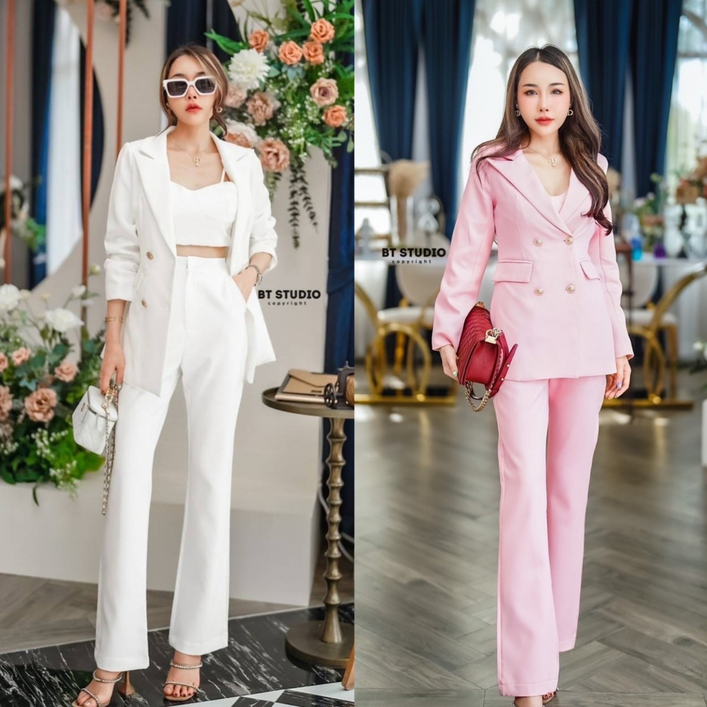 Nutcha.fs (พร้อมส่ง) BT10-0891 เซท 3 ชิ้นเสื้อเบเซอร์แขนยาวคอปกแต่งกระดุมสีทองปั้มลายตรงกลาง 4 ...