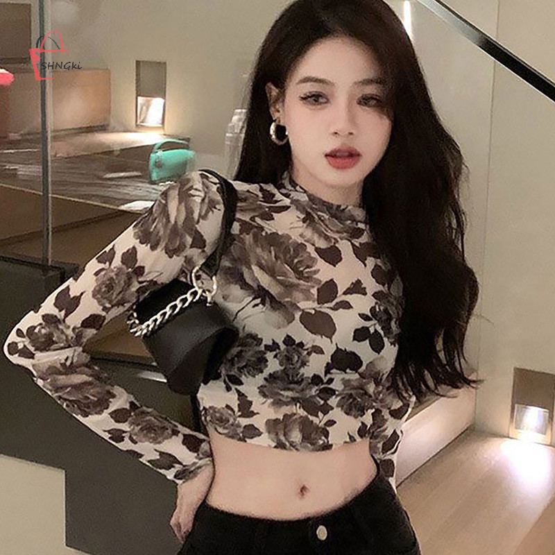 【Orph】เสื้อยืดครอปท็อปแขนยาว คอกลม เข้ารูป ลายดอกไม้ แฟชั่นฤดูใบไม้ร่วง สไตล์เรโทร สําหรับ ...