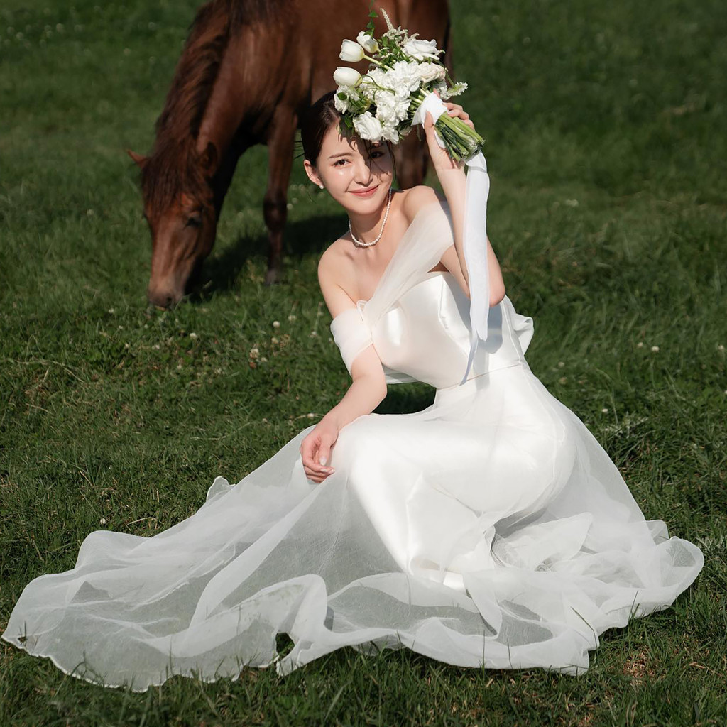 เกาหลี Light ชุดแต่งงานไหล่ Sen Super Sensens Organza กลางแจ้ง Brida ...