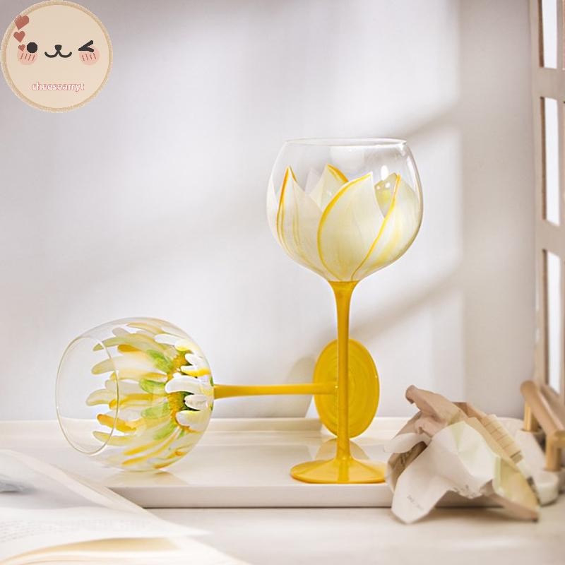 ชี 1ชิ้นมือวาดแก้ว ก oblet ถ้วยสร้างสรรค์แก้วไวน์แดงถ้วยดอกไม้ทาสี สเตม ...