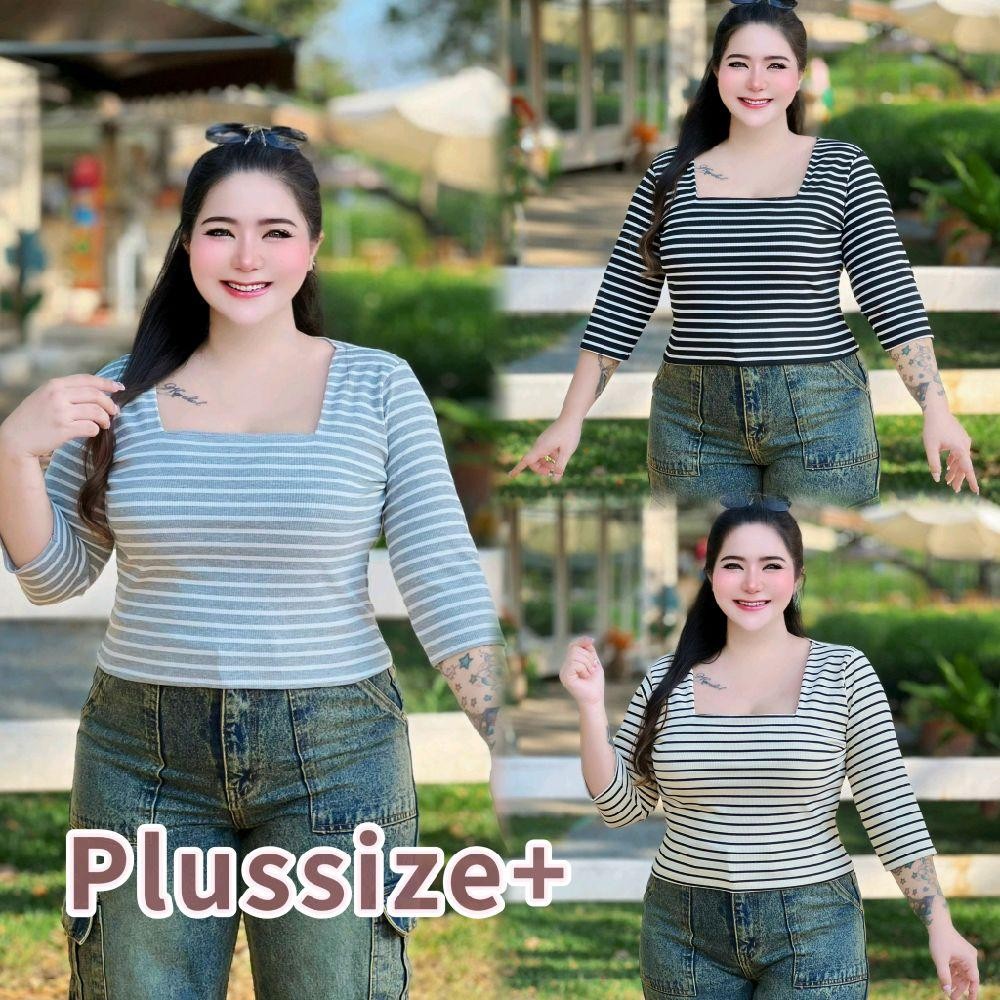 Plussize เสื้อครอปคอเหลี่ยมลายริ้ว เสื้อสาวอวบ อก 38-52นิ้ว | Shopee Thailand