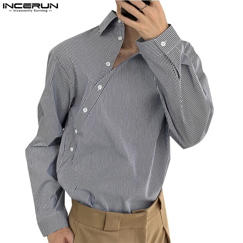 Incerun ผู้ชายเกาหลี Niche Design Slanted Button Up Design Full Sleeve ...