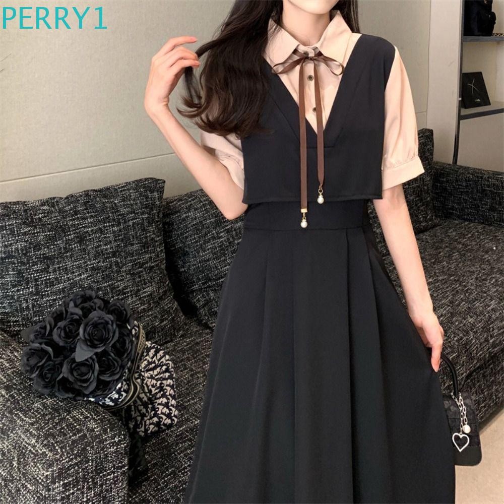 Perry French Dress, Corduroy หนา Twill หวานแขนสั้นชุด, ชุดเดรสยาว ...
