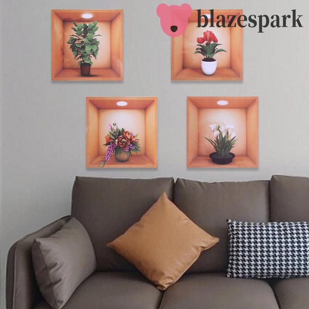 Blazespark 4 ชิ้นกระถางต้นไม้สติ๊กเกอร์ติดผนัง, PVC พืชสีเขียวจําลอง 3D วอลล์เปเปอร์, ตกแต่งผนัง ...