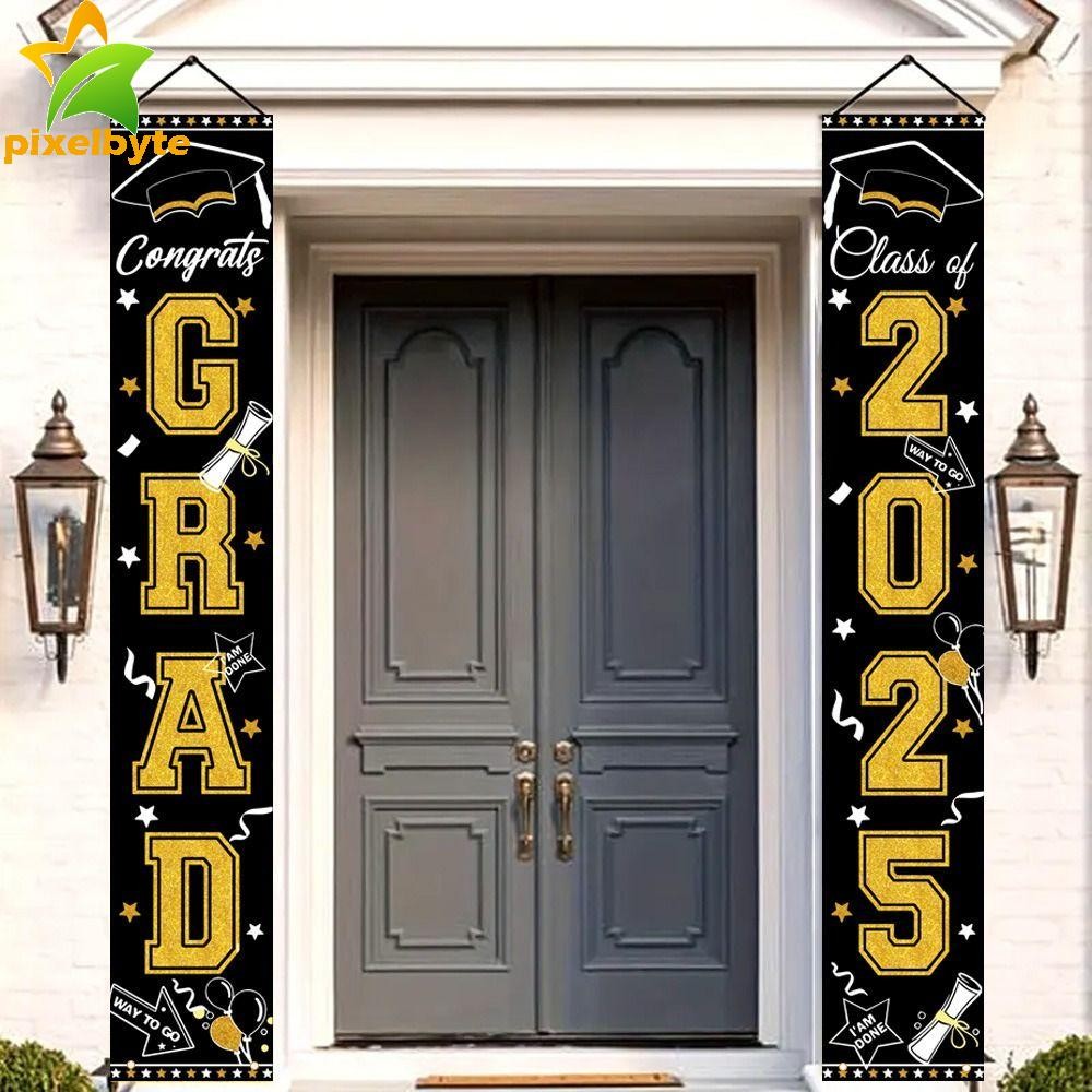 Pixelbyte แบนเนอร์ป้ายระเบียงสําเร็จการศึกษา,โพลีเอสเตอร์ฉลองการถ่ายภาพฉากหลัง,ประตูคู่ Congrats ...