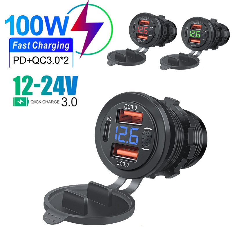 Triple USB C Car Charger ซ็อกเก็ต USB Outlets PD & 18W QC3.0 พร้อมปุ่ม ...