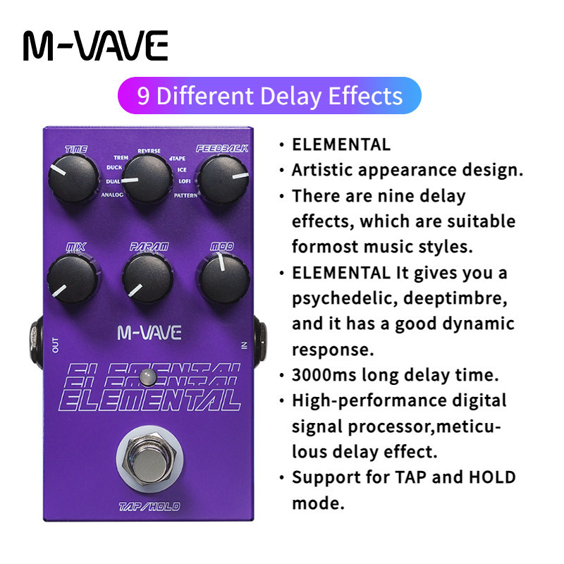 M-vave Elemental Digital Delay Pedal, 9 Effects Delay Effects, รองรับโหมด TAP และ HOLD,Delay ...