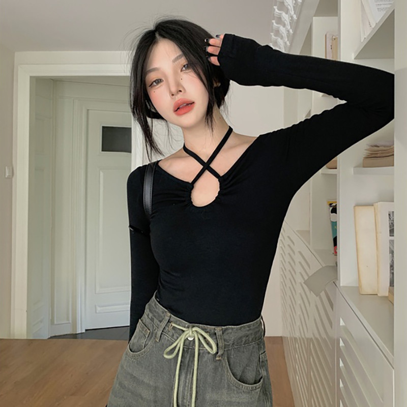 Ming ฤดูใบไม ้ ร ่ วงแฟชั ่ น Halter V คอเสื ้ อยืดผู ้ หญิงสีทึบแขนยาว Slim Crop Top TH ...