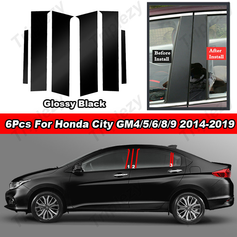 6 ชิ้น PC วัสดุรถประตูหน้าต่าง Trim คอลัมน์ครอบคลุม Glossy เปียโนสีดําแผงเสาโพสต์สติกเกอร์ ...