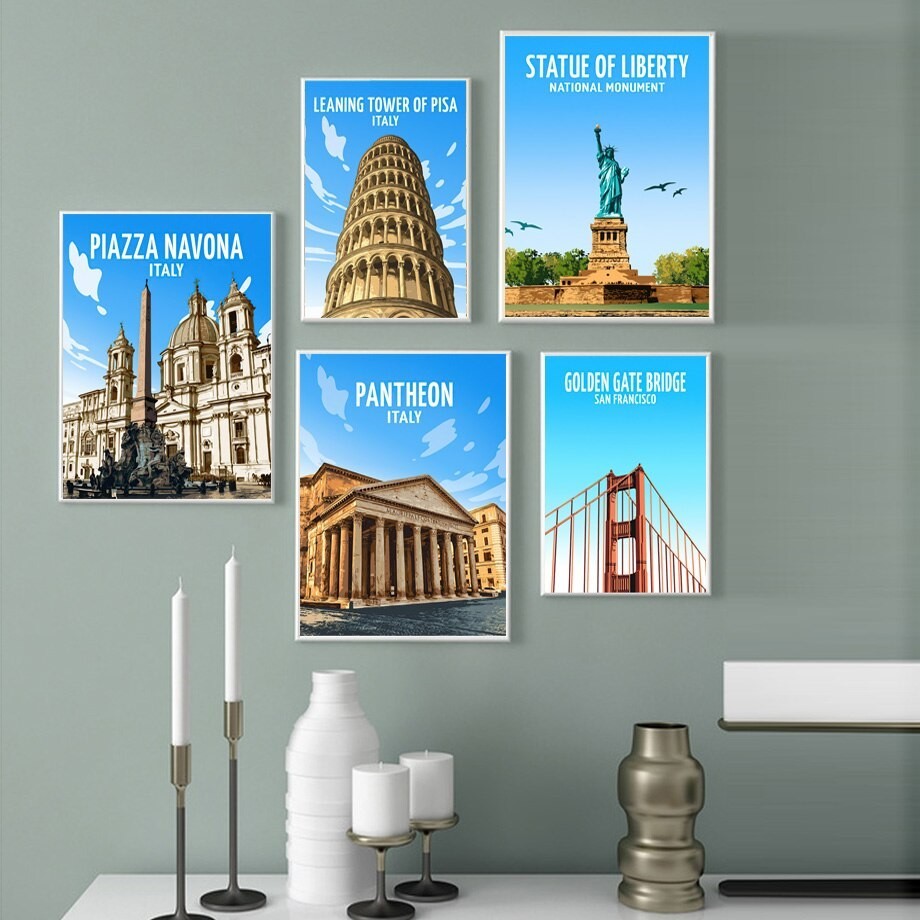 Vintage Travel Canvas Wall Art ที่มีชื่อเสียงสถานที่ท่องเที่ยวในโรม ...