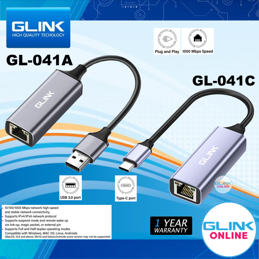 มาตรฐาน GLINK GL-041 Converter USB3.0/Type-C TO Lan Gigabit RJ-45 แปลง ...