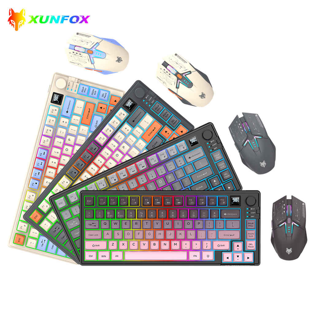 Xunfox K920 ชุดคีย์บอร์ดและเมาส์ไร้สายแบบชาร์จไฟได้ 2.4G+BT ไฟสีผสม RGB ...