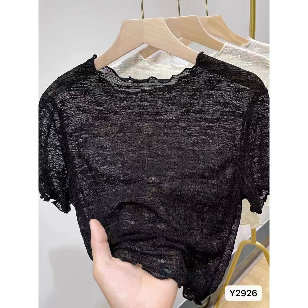 เสื้อเชิ้ตแขนสั้นลูกไม้ Pure Desire แบบโปร่ง ผ้ากำมะหยี่ถัก TNTX AAGJ ...