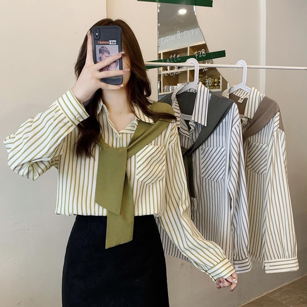 KOKO W334 ️เสื้อเชิ้ตแขนยาวลายทาง คอตั้ง ผ้าคลุมไหล่ปลอม เสื้อทรงหลวมมี ...