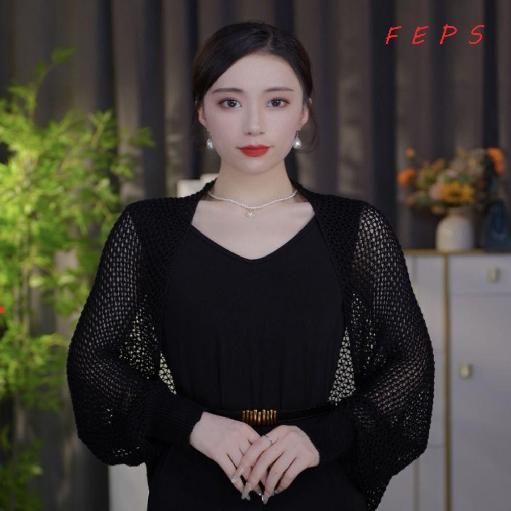 Feps ผ้าคลุมไหล่ผ้าไหมน้ําแข็ง, คาร์ดิแกนถักครอปกันแดดหรูหราหรูหรา, เสื้อสม็อคแขนยาวกลวงเรียบ ...
