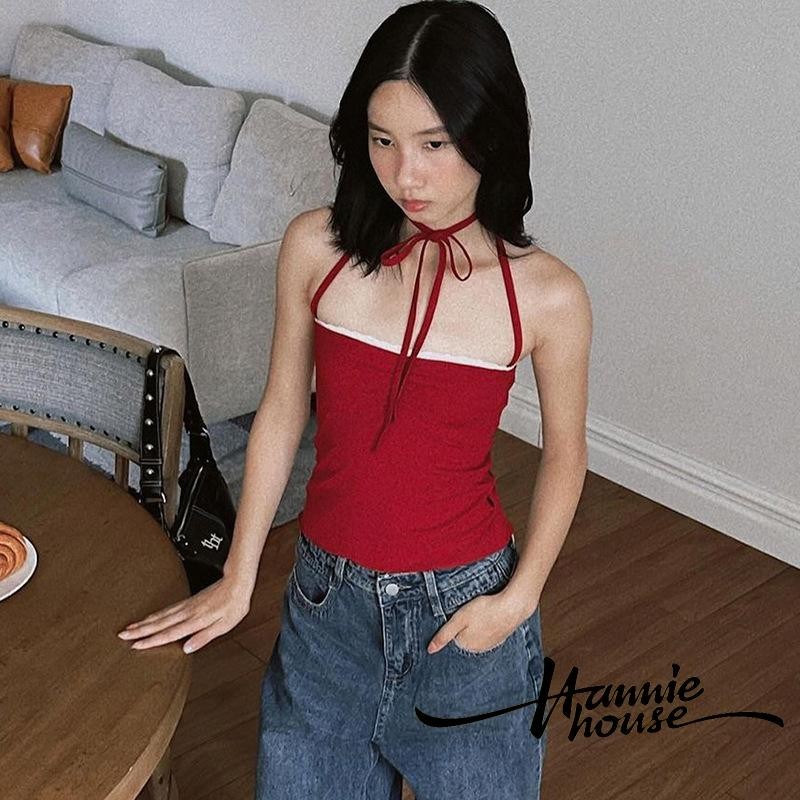 Hannie House- เสื ้ อชั ้ นในสตรีสีแดง Retro Lace Smocked Halter ...