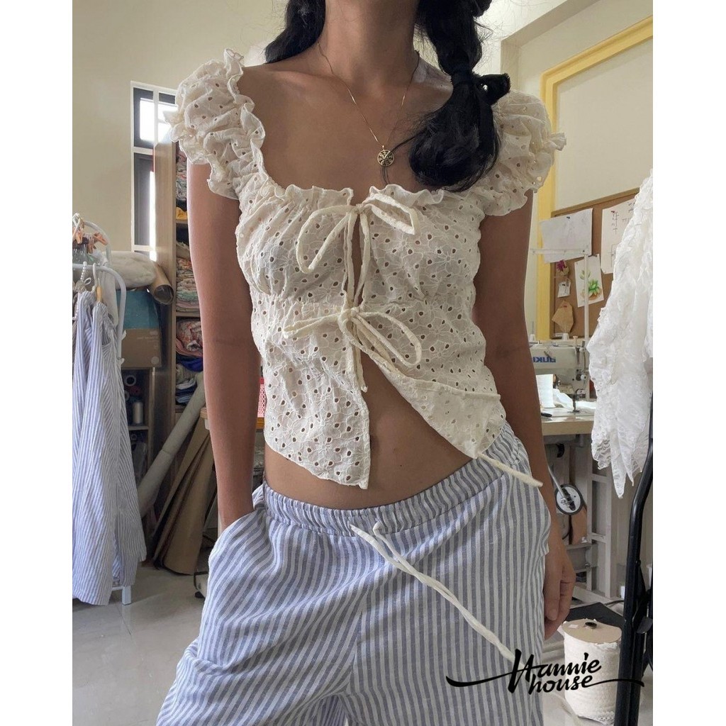 Hannie House- เสื ้ อยืดแขนสั ้ นคอเหลี ่ ยม Jacquard ย ้ อนยุคอเมริกัน ...