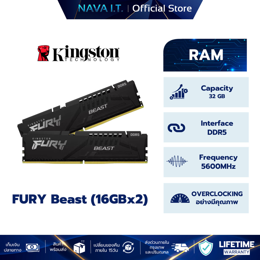 KINGSTON RAM 32GB (16GBx2) DDR5 5600MHz CL40 DIMM (Kit of 2) FURY Beast Black (KF556C40BBK2-32 ...
