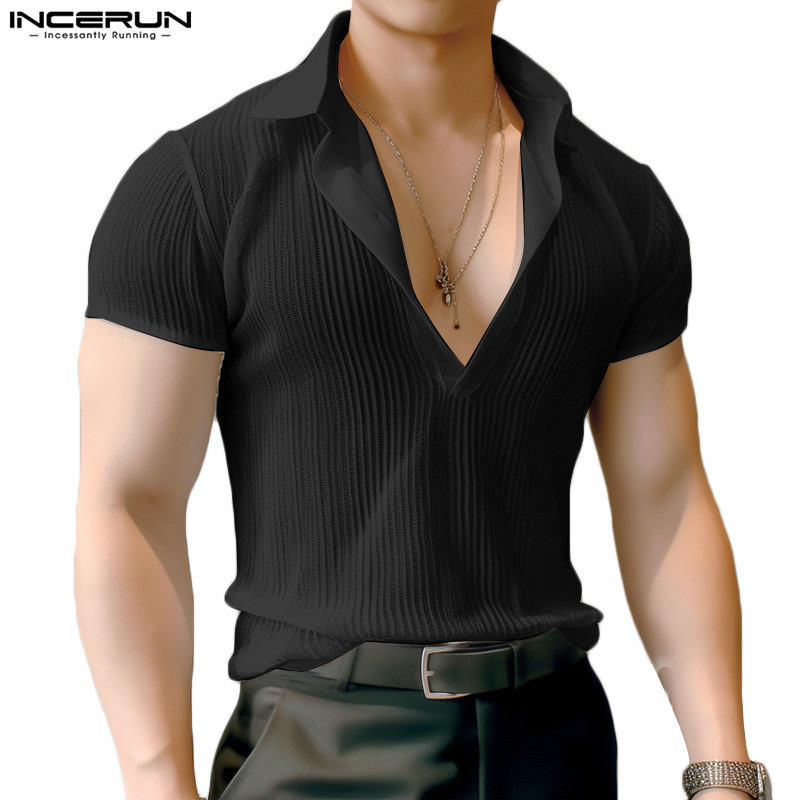 Incerun เสื ้ อยืดแขนสั ้ นคอวีลายทางแฟชั ่ นสําหรับผู ้ ชาย | Shopee ...