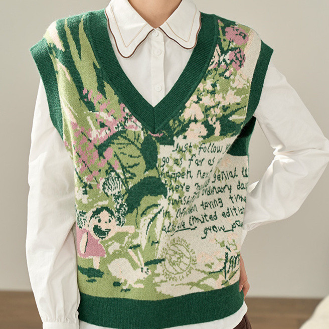 สไตล ์ ขี ้ เกียจลายสก ๊ อตตัดกันการ ์ ตูนตัดกันคอวีการออกแบบยอดนิยม Sense Niche Knitwear เสื ้ ...