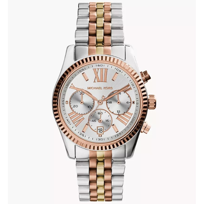 New Michael Kors MK5735 38mm Lexington Chronograph Tri Tone Silver Dial ...