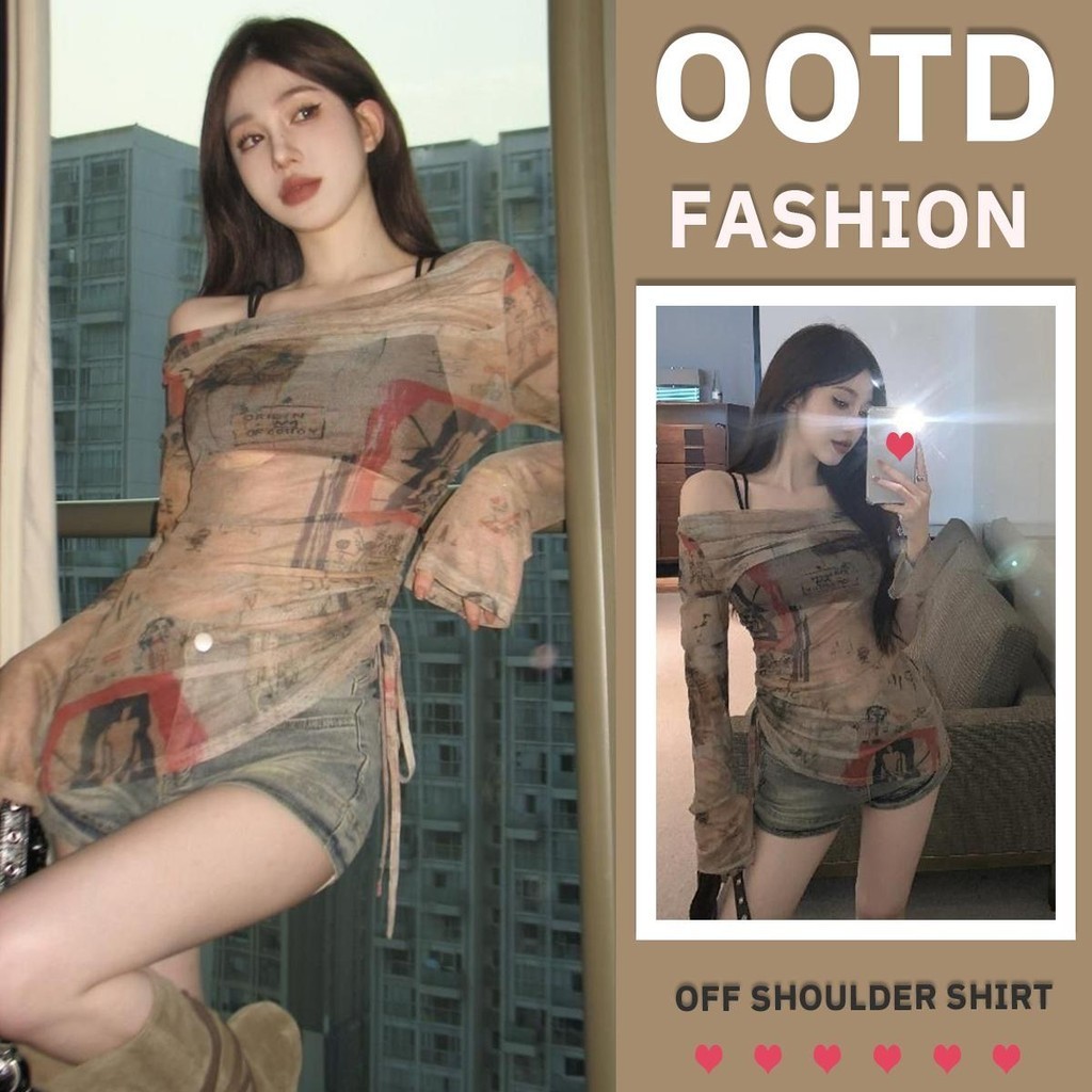 MIMI&DIDI.เสื้อยืดสตรีแขนยาวไหล่เดียว เสื้อแฟชั่นผู้หญิง Y2K วินเทจ แต่งเชือกรูดข้าง เซ็กซี่เบาๆ ...