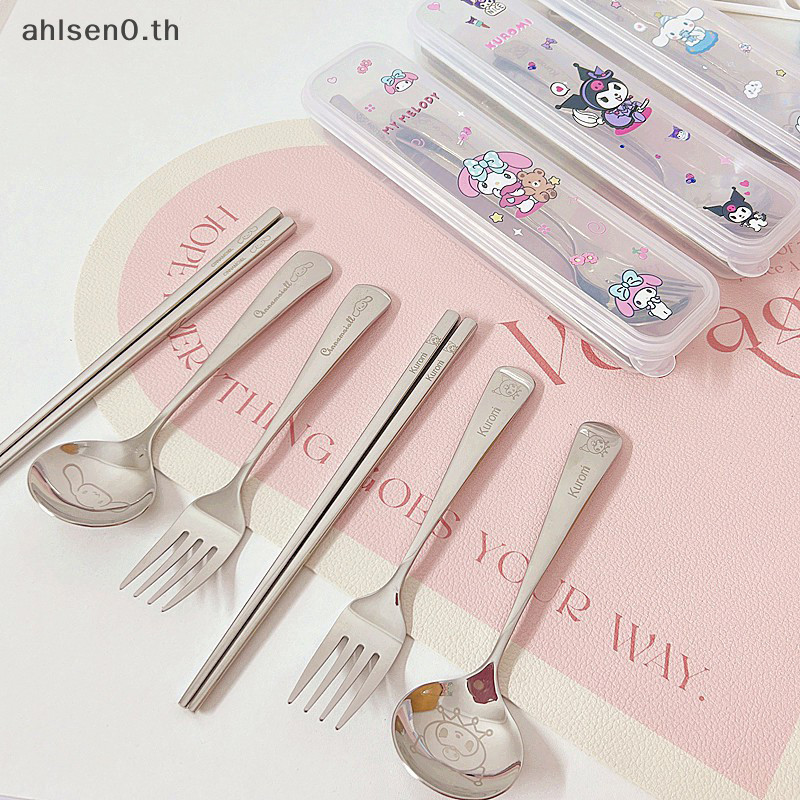 Ahlsen0 รูปแบบน่ารัก Cinnamorolls การ์ตูนสแตนเลสช้อนส้อม Kuromis ชุดสามชิ้นช้อนส้อมและสับช้อน ...