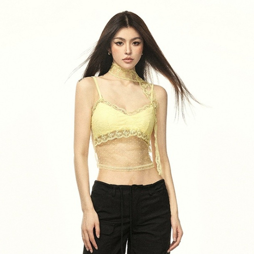 SimpleStore จัดส่งในกรุงเทพฯ ฤดูร้อนใหม่ลูกไม้สีเหลืองอ่อนมุมมองเชือกแขวนคอเสื้อกั๊กขนาดเล็ก ...