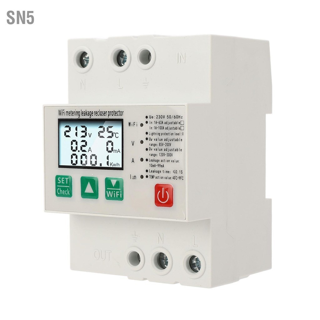 SN5 Smart WiFi Circuit Breaker Over Under Voltage Leakage Lightning Protector with Power Count ...