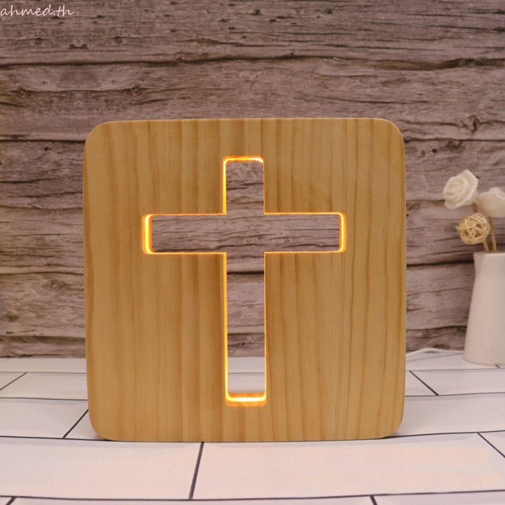 Ahmed LED ไม้ Cross Night Light, 3D USB Christianity Crucifix งานฝีมือ ...