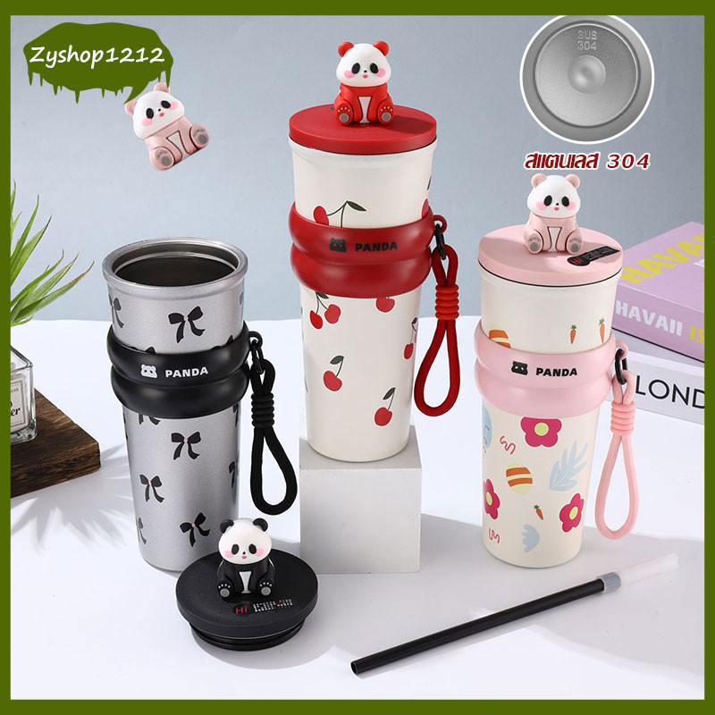 การ์ตูน Panda แก้วน้ำสแตนเลส 304 ถ้วยน้ำสำนักงาน มีหลอดดูด พับเก็บได้ เก็บร้อนและเย็น 700ml ถ้วย ...