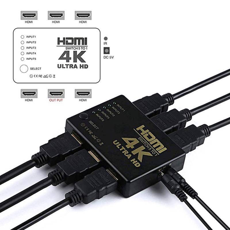 สวิตช์ HDMI 4K 5 In 1 Out พร้อมรีโมท, ตัวแยกอะแดปเตอร์ฮับวิดีโอความเร็วสูง Ultra HD สําหรับ PS4 ...
