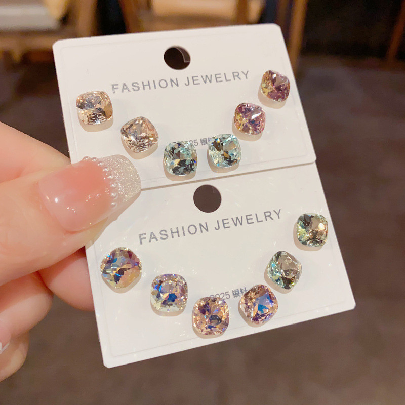 แฟชั่นที่เรียบง่ายที่มีสีสันสแควร์ชุดสามชิ้น ส925 เงินเข็มอารมณ์ต่างหู ...