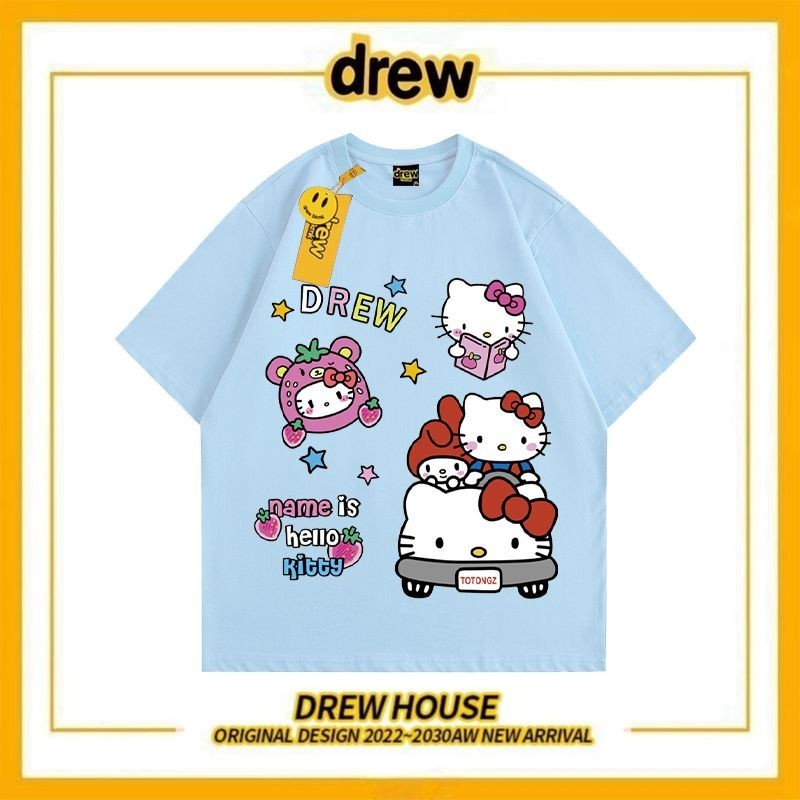 DREW Hello Kitty Kitty แมวแขนสั้น เสื้อยืดคอกลม เด็กนักเรียน ม.ต้น ฤดู ...