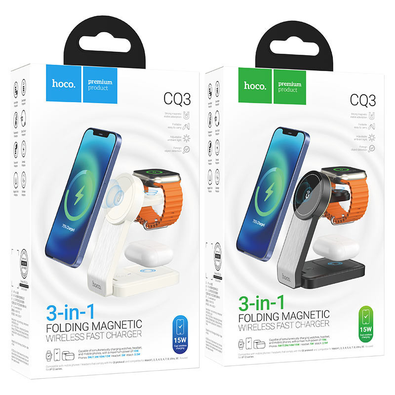 Hoco CQ3 แท่นชาร์จไร้สาย 3in1 รองรับโทรศัพท์ หูฟัง Watch ชาร์จเร็วสูงสุด 15W ระบบ Qi Wireless ...