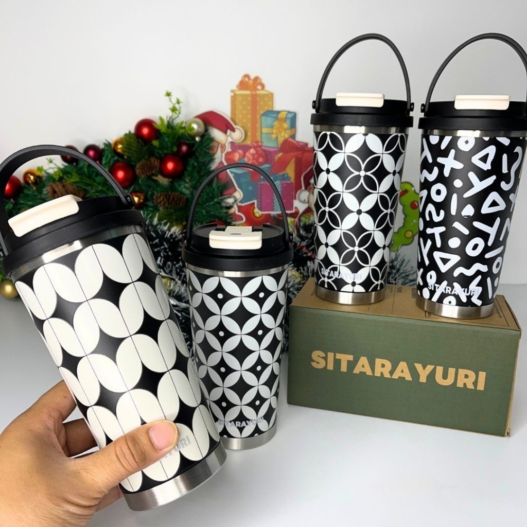 SITARAYURI แก้วยูริ สีดำขาว 4 ลาย หูหิ้วโค้งซิลิโคนถอดได้ เก็บอุณหภูมิ ร้อน & เย็น ขนาด 560ml ...