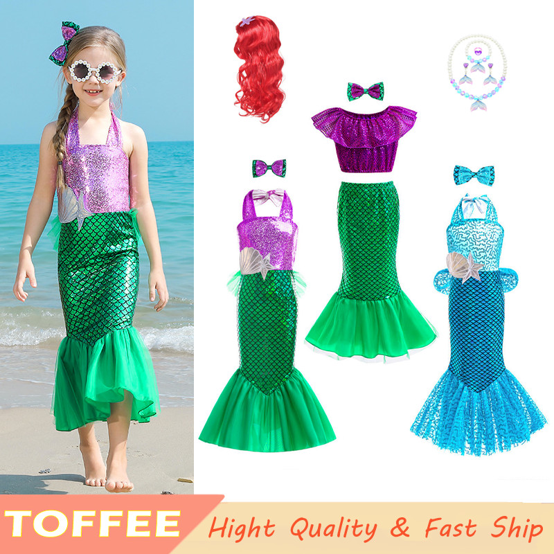 3 สี Mermaid สีม่วงสีฟ้าชุดสําหรับเด็กสาวเจ้าหญิง Ariel คริสต์มาสฮา ...