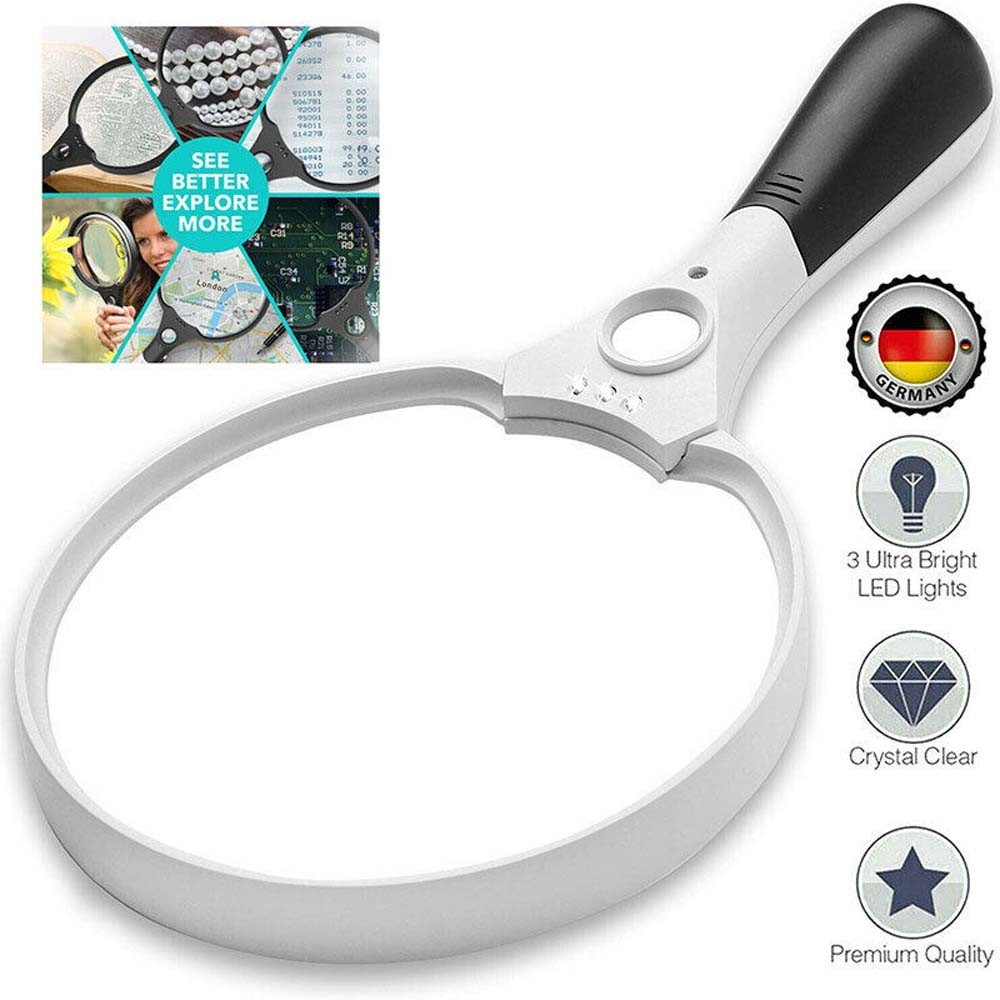 Extra Large Strong Magnifying Glass 3 Bright LED Zoom Lightweight Hand ...