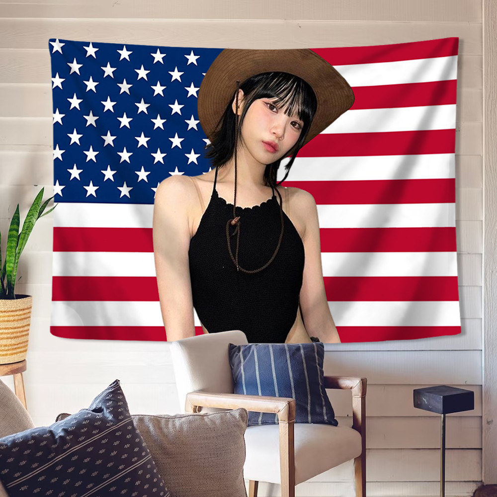Le SSERAFIM คาวบอย Chawon American Flag Wall Tapestry พร้อมคลิปโพลีเอสเตอร์ Tapestries ห้องนอน ...