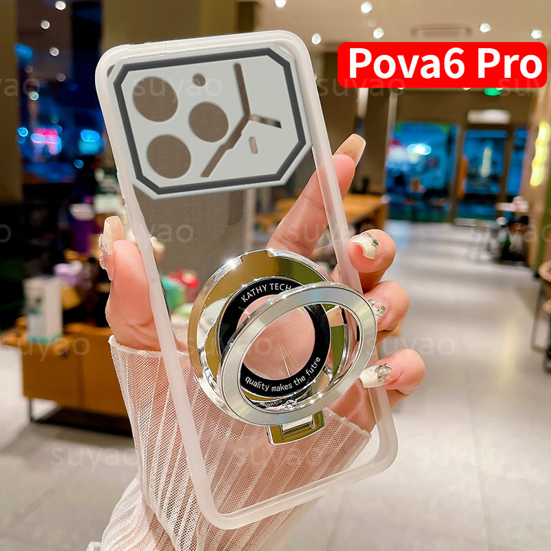 สําหรับ Tecno Pova 6 Neo Pro 6Pro 2024 เคสโทรศัพท์ขาตั้งแม่เหล็กผู้ถือปลอกบางใสโปร่งใส Pova6Neo ...