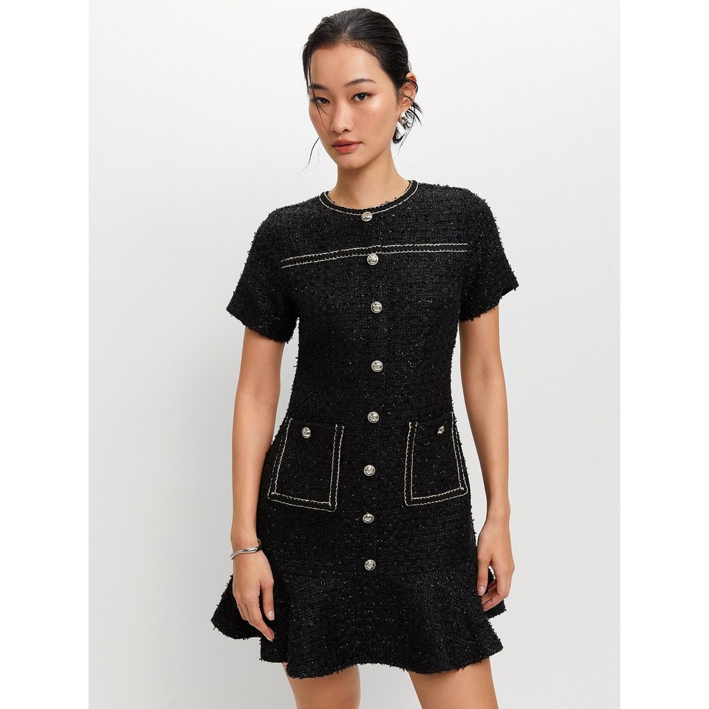 [Pomelo] เดรสผ้าทวีตแต่งกระดุม / Flared Tweed Dress | Shopee Thailand