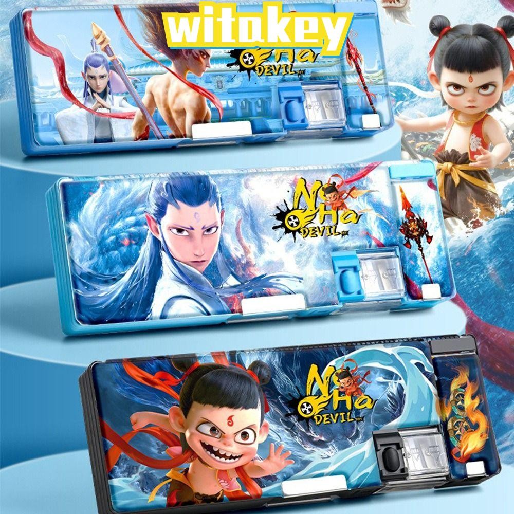 กล่องเครื่องเขียน WITAKEY, ดินสอสองชั้น Nezha 2, กล่องปากกากลพลาสติกความจุขนาดใหญ่มัลติฟังก์ชั่น ...
