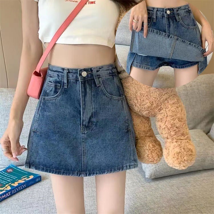 GHAOHES กระโปรงกางเกงยีนส์ S-4XL เอวสูง ลมเกาหลี มินิน่ารัก ผ่า 2 ข้าง มีซับยีนส์ กระโปรง y2k ...