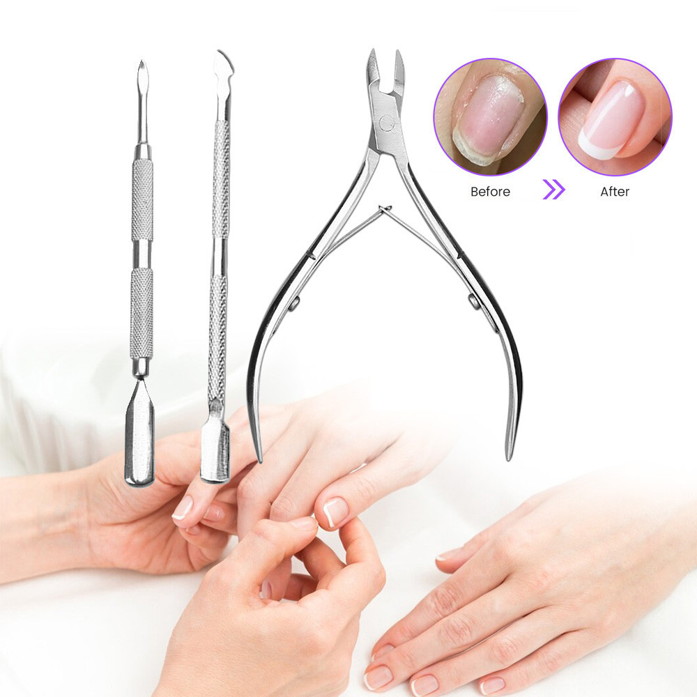 3pcs เล็บ Cuticle Pusher Dead Skin Remover สแตนเลส Cuticle Nipper ช้อน ...
